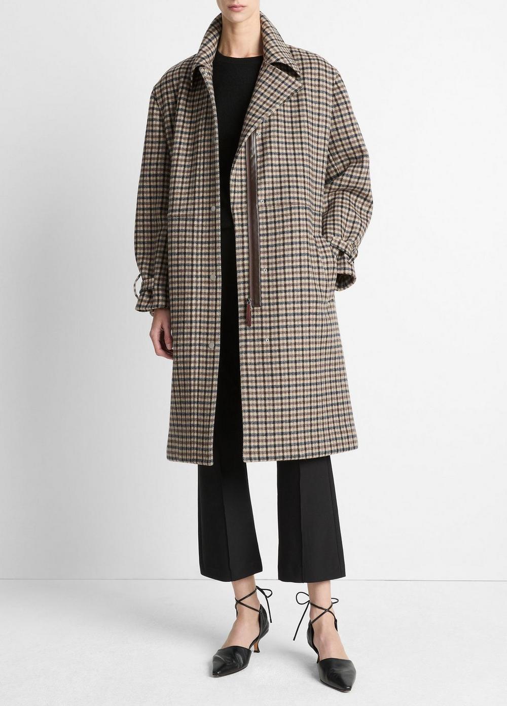 VINCE Vince Plaid Wool Blend Car Coat with Faux-Leather Trim